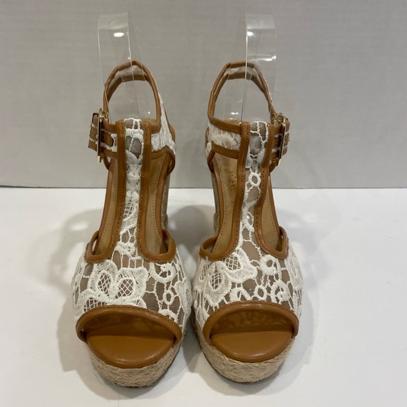 Cato | Shoes | Cato White Lace Cork Wedge Open Toe Heels Shoes Size 7 ...